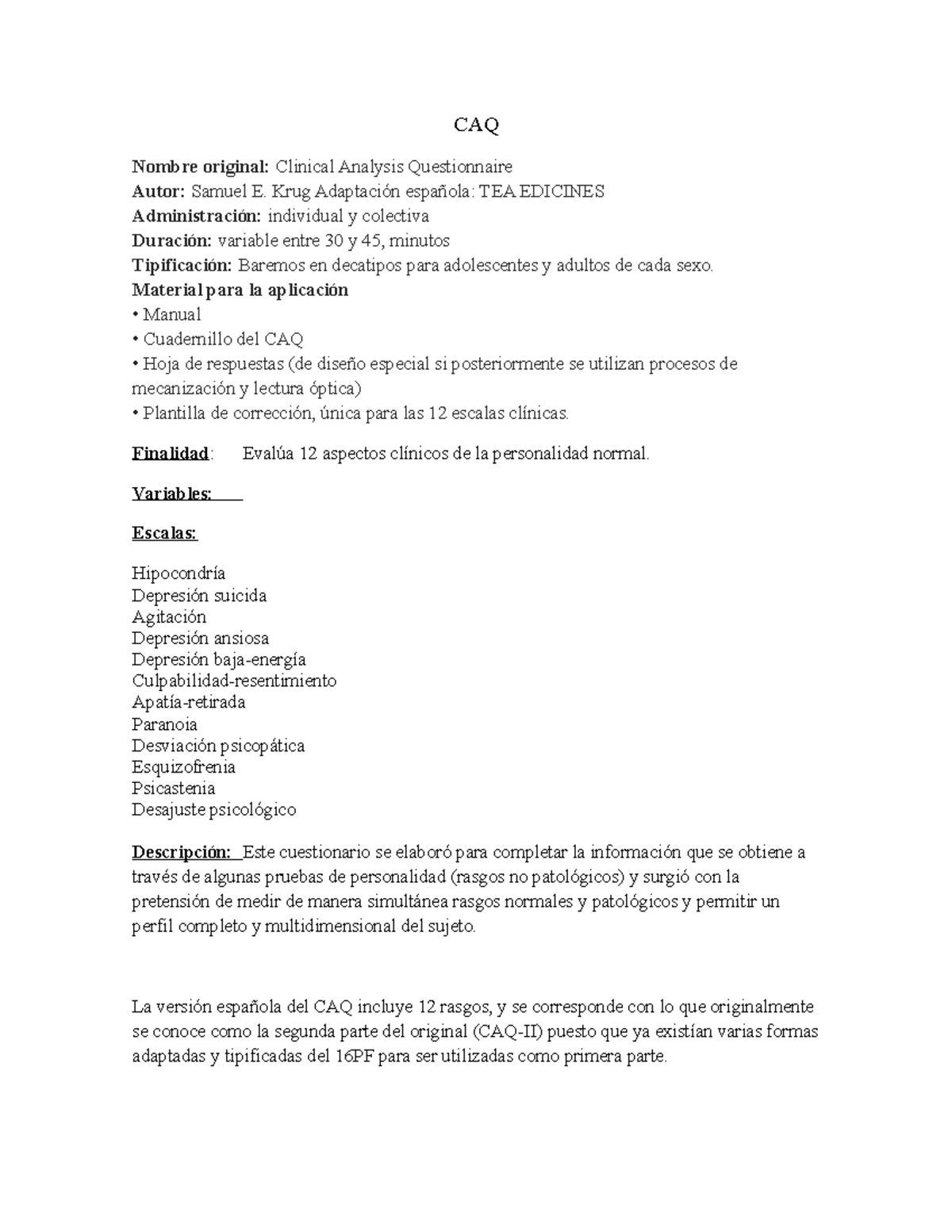 299039667 Fichas Tecnicas TEST DE Personalidad docx - CAQ Nombre ...