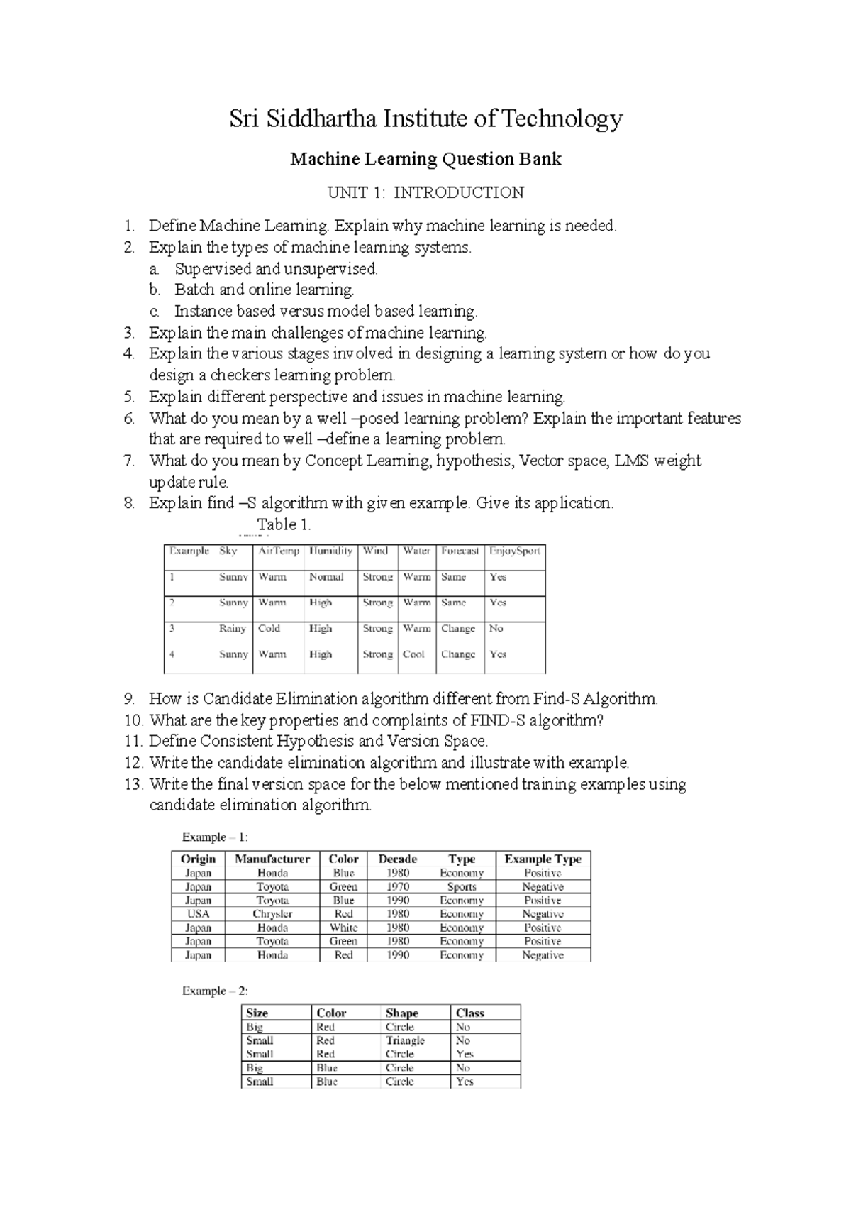 Machine learning question bank - Sri Siddhartha Institute of Technology ...
