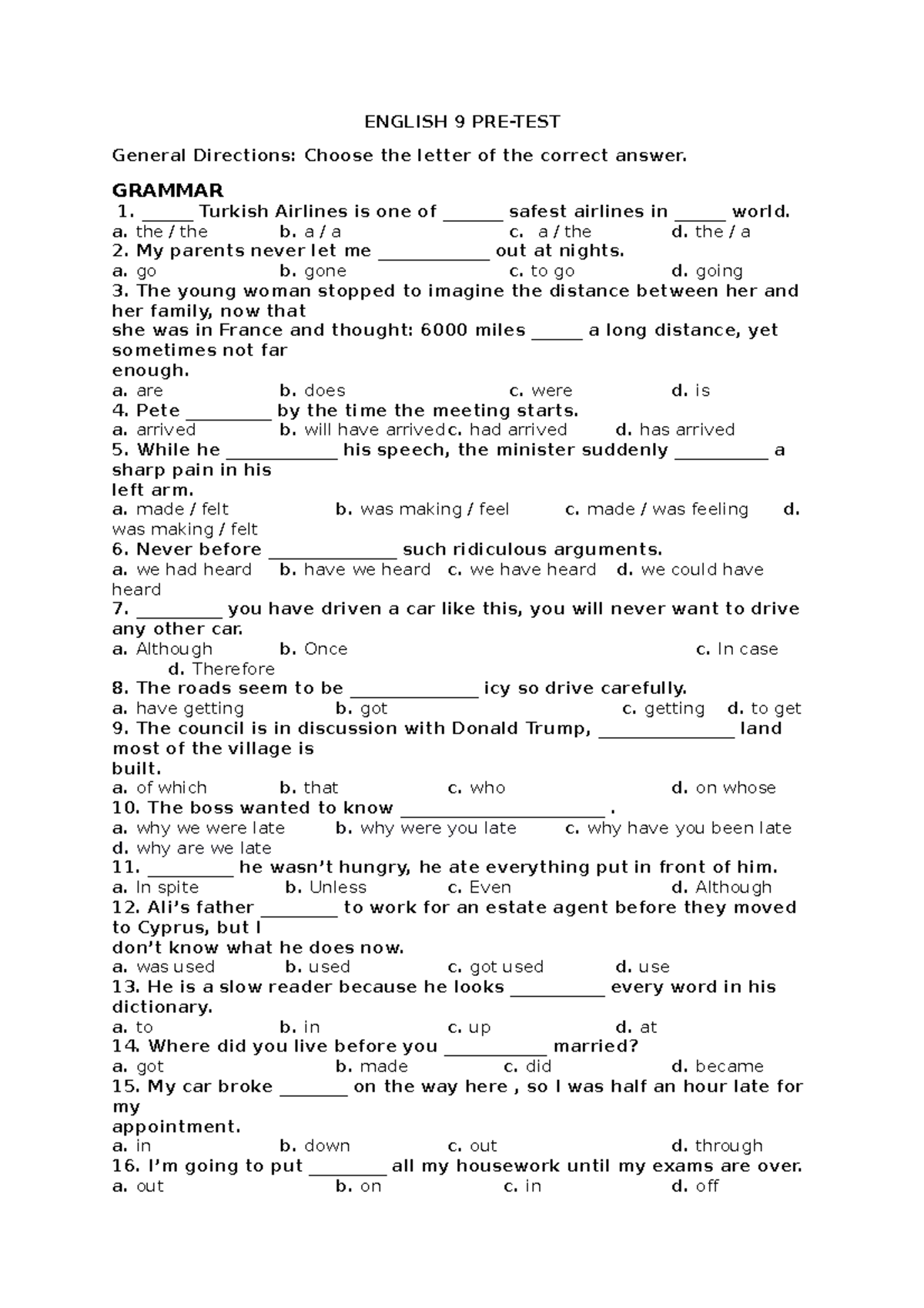 English 9 PRE TEST - CONTENT IS FOR TEST QUESTIONNAIRES - ENGLISH 9 PRE ...