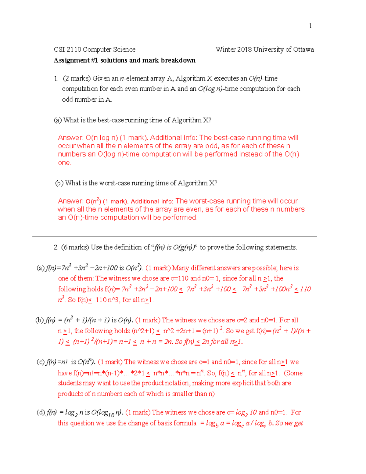 A1 W2018 solution Key - CSI 2110 Computer Science Winter 2018 University of Ottawa Assignment #1 ...