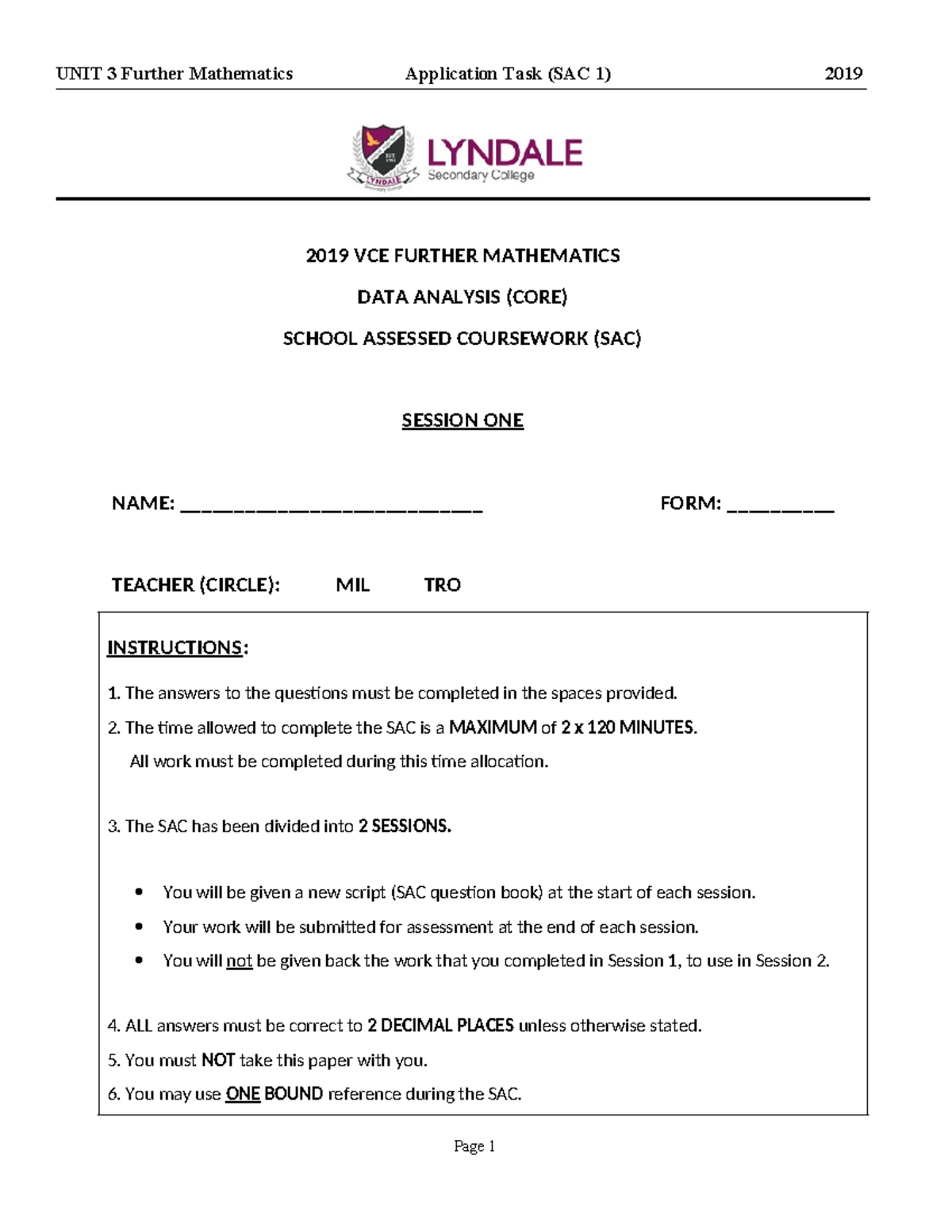 2019 SAC 1 Final - practice - 2019 VCE FURTHER MATHEMATICS DATA ...