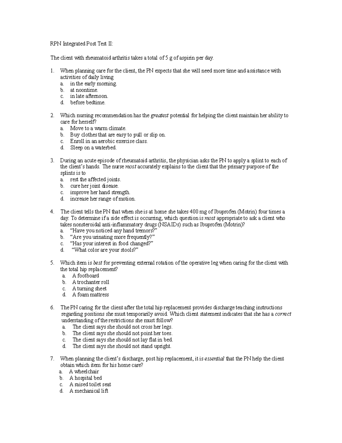 RPN Integrated Test II - Practice test 2 - RPN Integrated Post Test II ...
