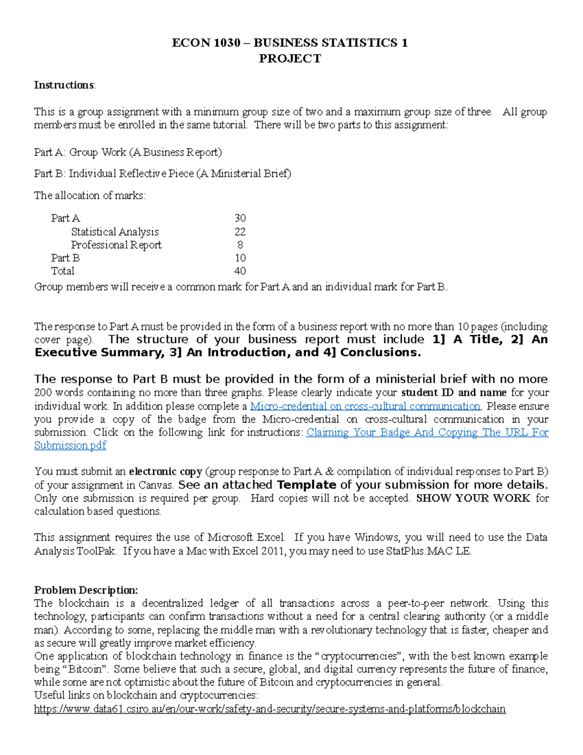 Group Assignment Instructions - ECON 1030 – BUSINESS STATISTICS 1 ...