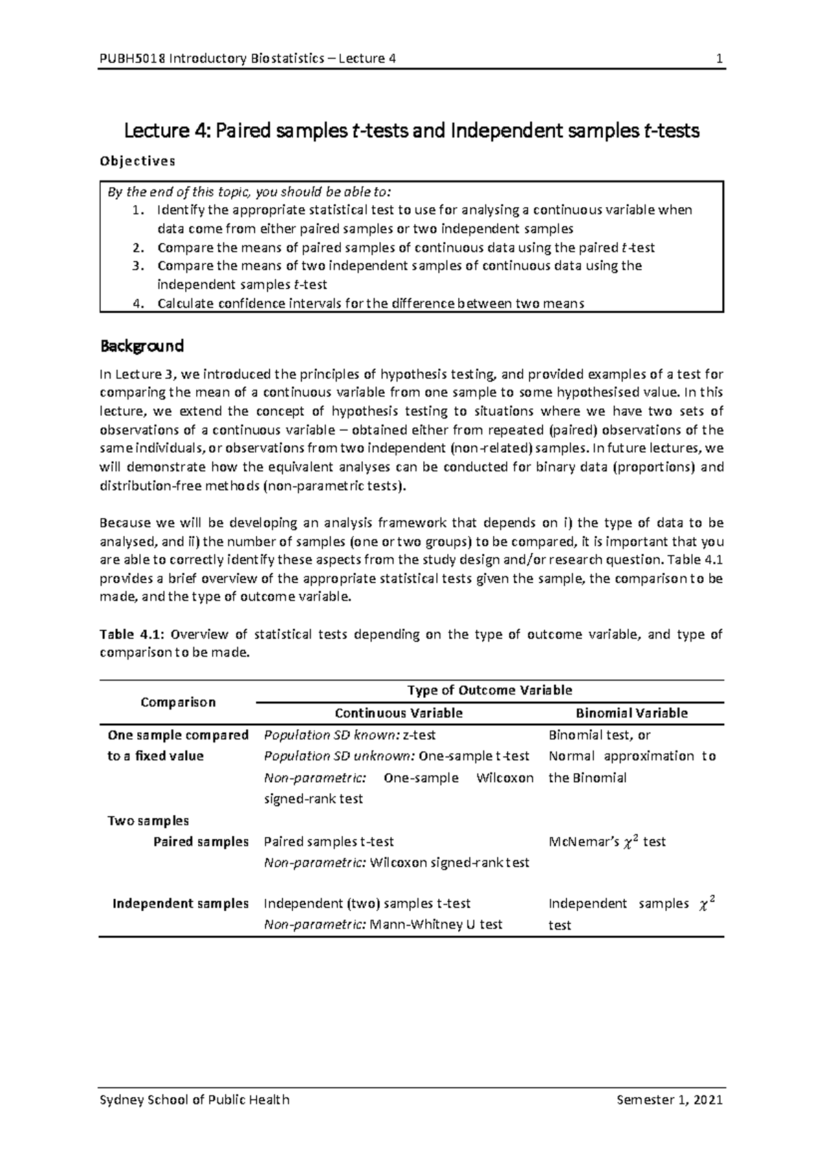 Lecture 4 Paired And Independent T Tests Lecture 4 Paired Samples