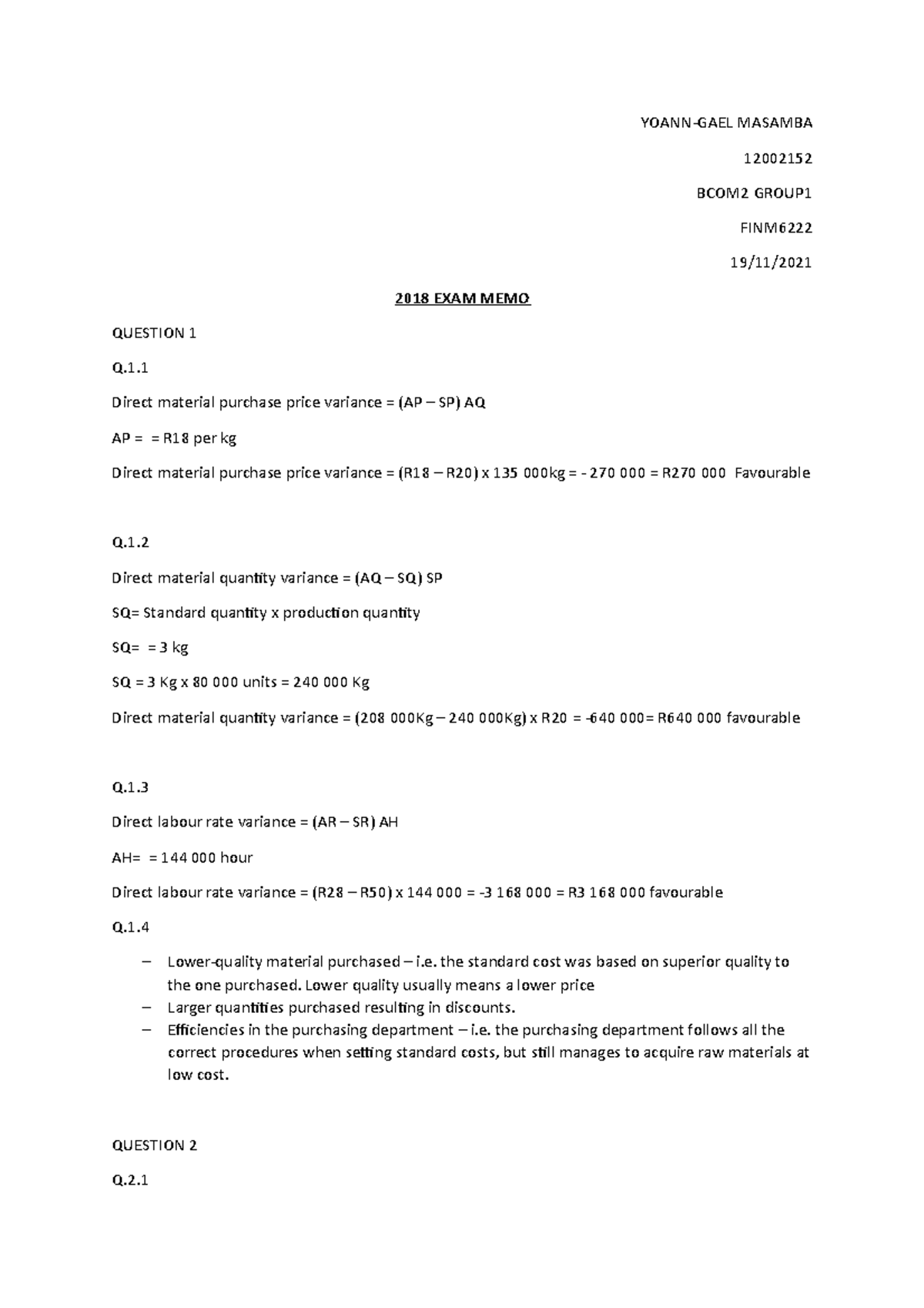 FINM6222 2018 EXAM MEMO - YOANN-GAEL MASAMBA 12002152 BCOM2 GROUP FINM ...
