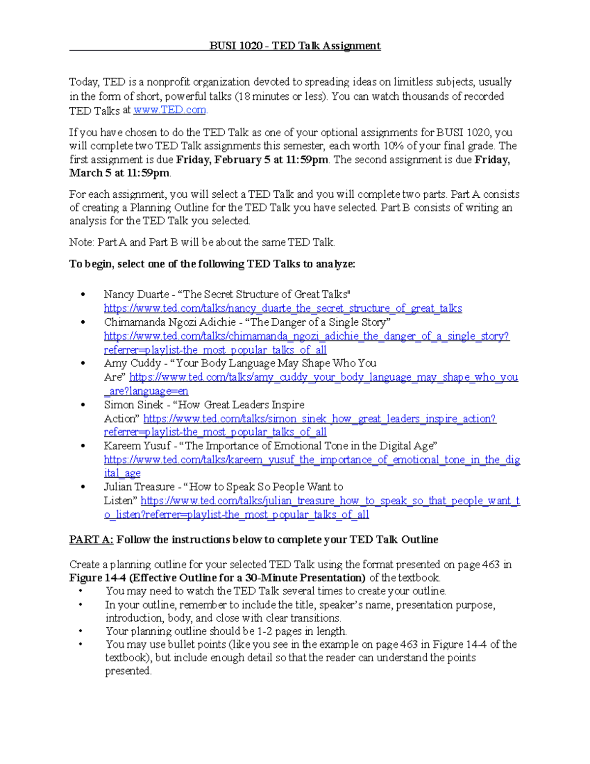 BUSI 1020 TED Talk Assignment - W2021 - BUSI 1020 - TED Talk Assignment ...