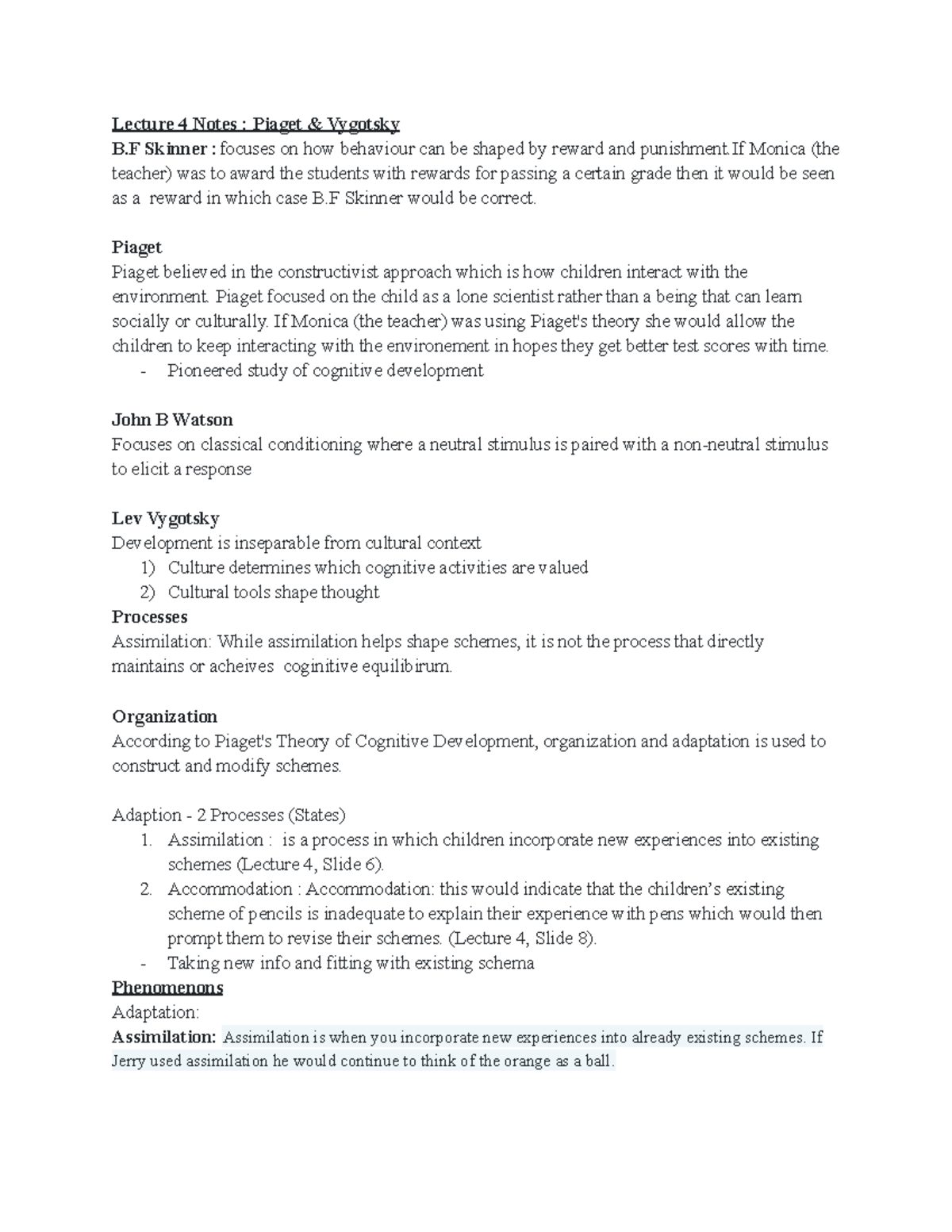 Lecture 4 Notes Piaget & Vygotsky - Lecture 4 Notes : Piaget & Vygotsky ...