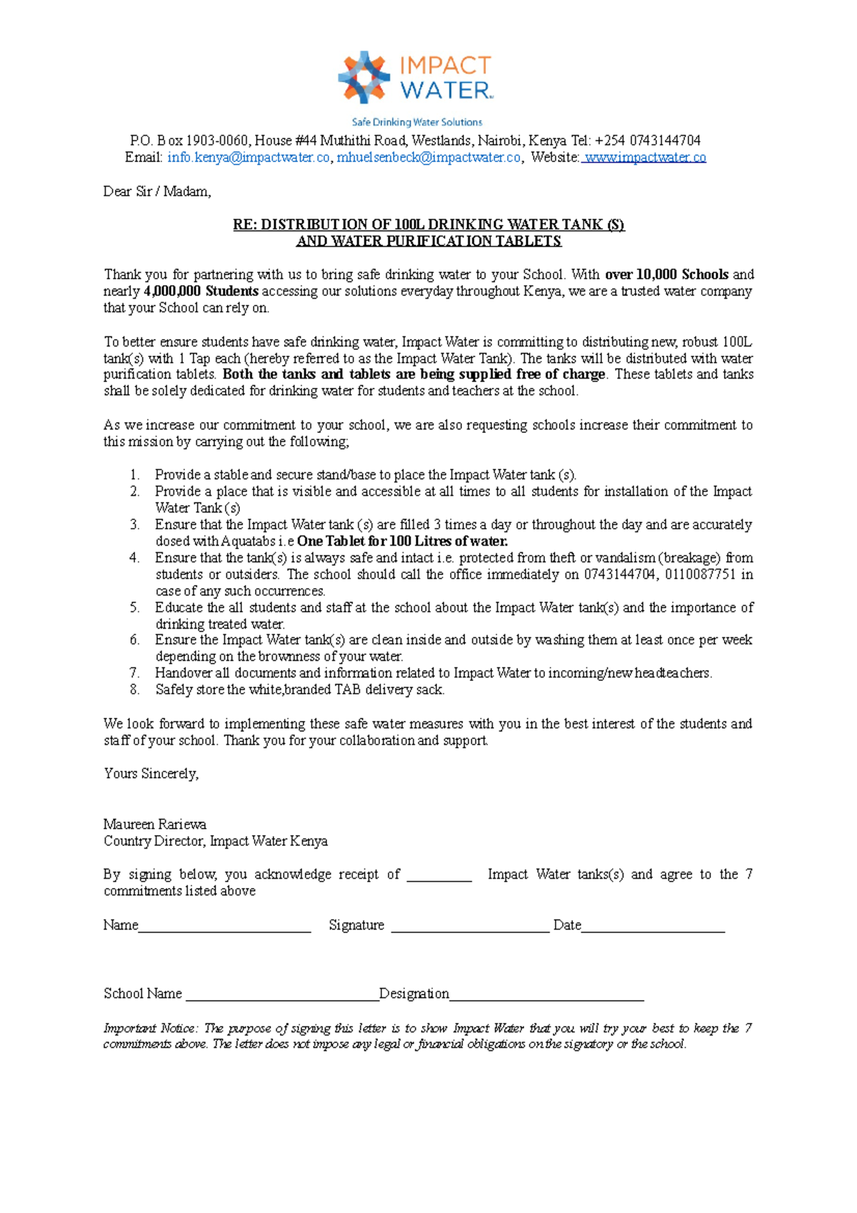 MOU 100L Tanks Distribution v2 - P. Box 1903-0060, House #44 Muthithi Road, Westlands, Nairobi ...