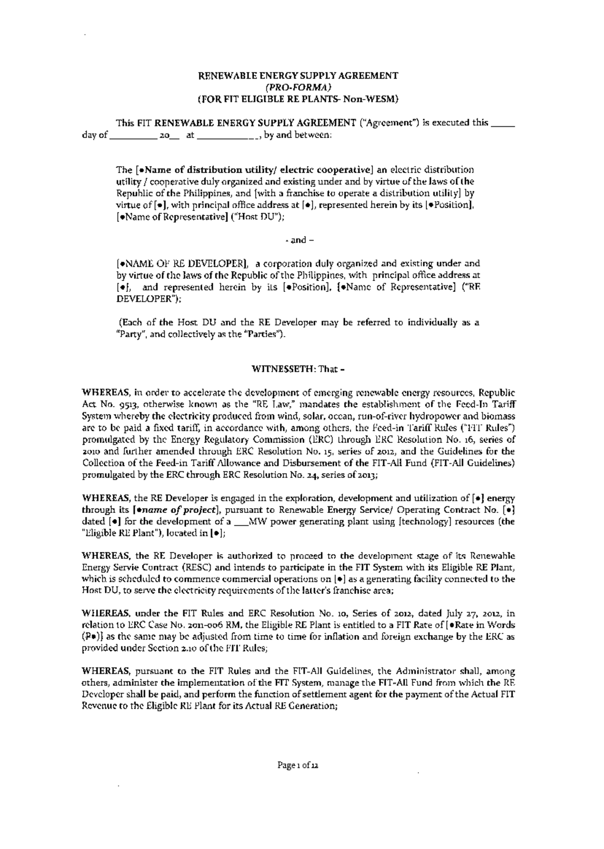 RESA(PRO- Forma) - RESA - RENEWABLE ENERGY SUPPLY AGREEMENT (PRO-FORMA ...