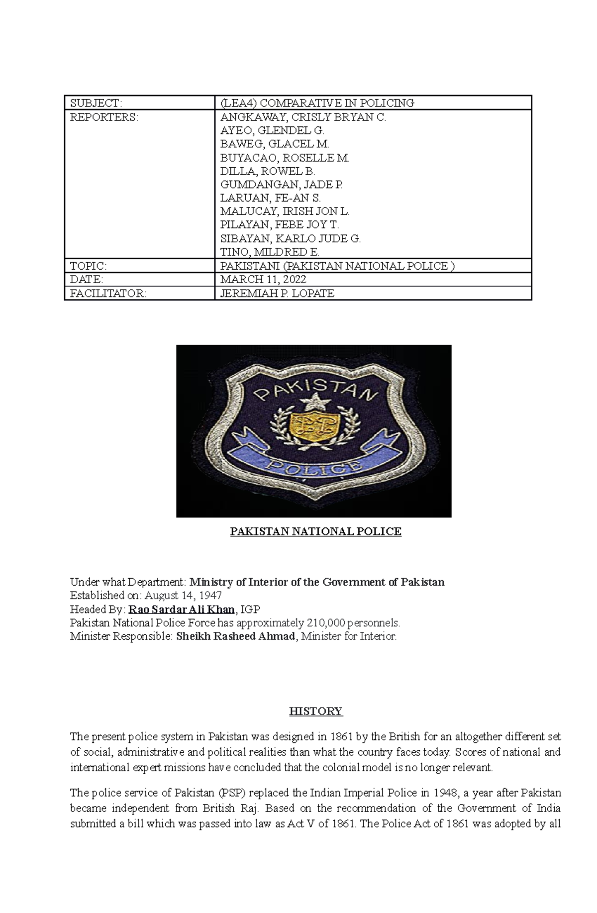 ( Group 4) National Police OF Pakistan - SUBJECT: (LEA4) COMPARATIVE IN ...