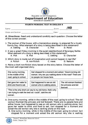 Fourth Periodical Test in Mathematics - Choose the letter of the ...
