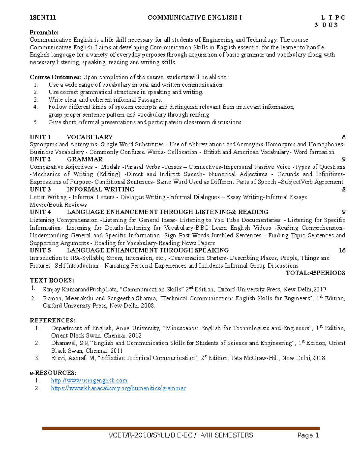 R2018 Syllabus with CO-PO Mapping - 18 ENT11 COMMUNICATIVE ENGLISH-I L ...