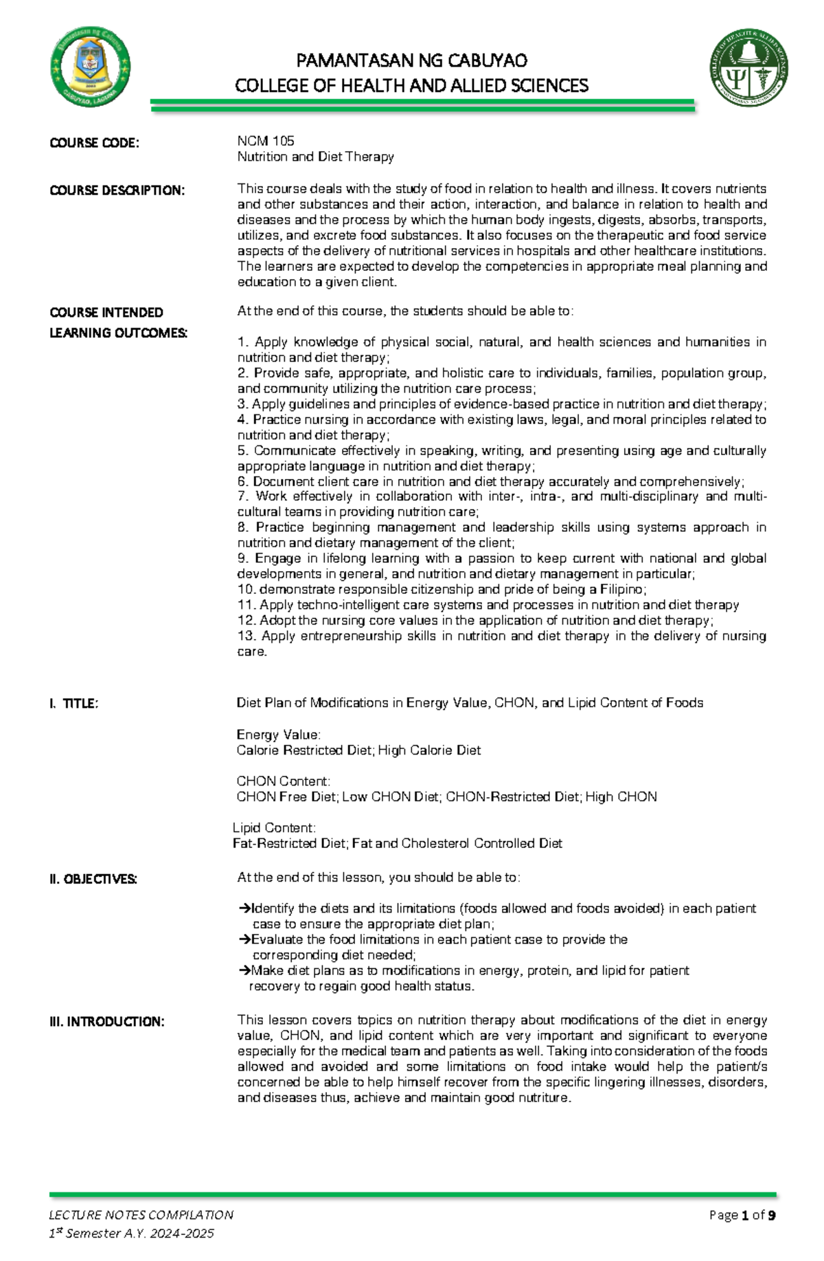 Learn MAT NCM 105 LAB DIET Modification in Energy Value Protein-CHON ...