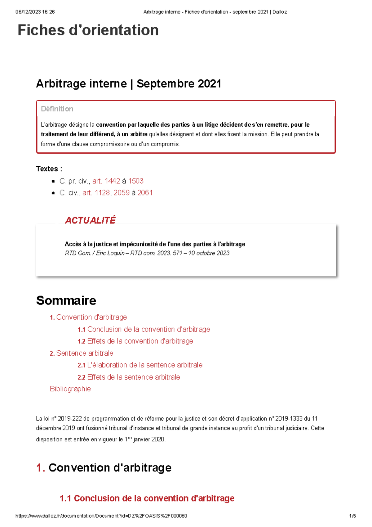 Arbitrage interne - Fiches d'orientation - septembre 2021 Dalloz - Fiches d'orientation ...