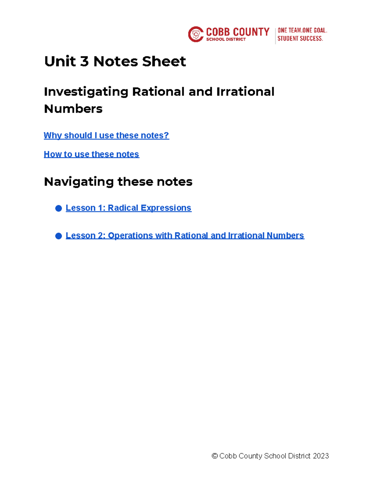 Algebra Unit 3 Notes Sheet - Investigating Rational and Irrational ...