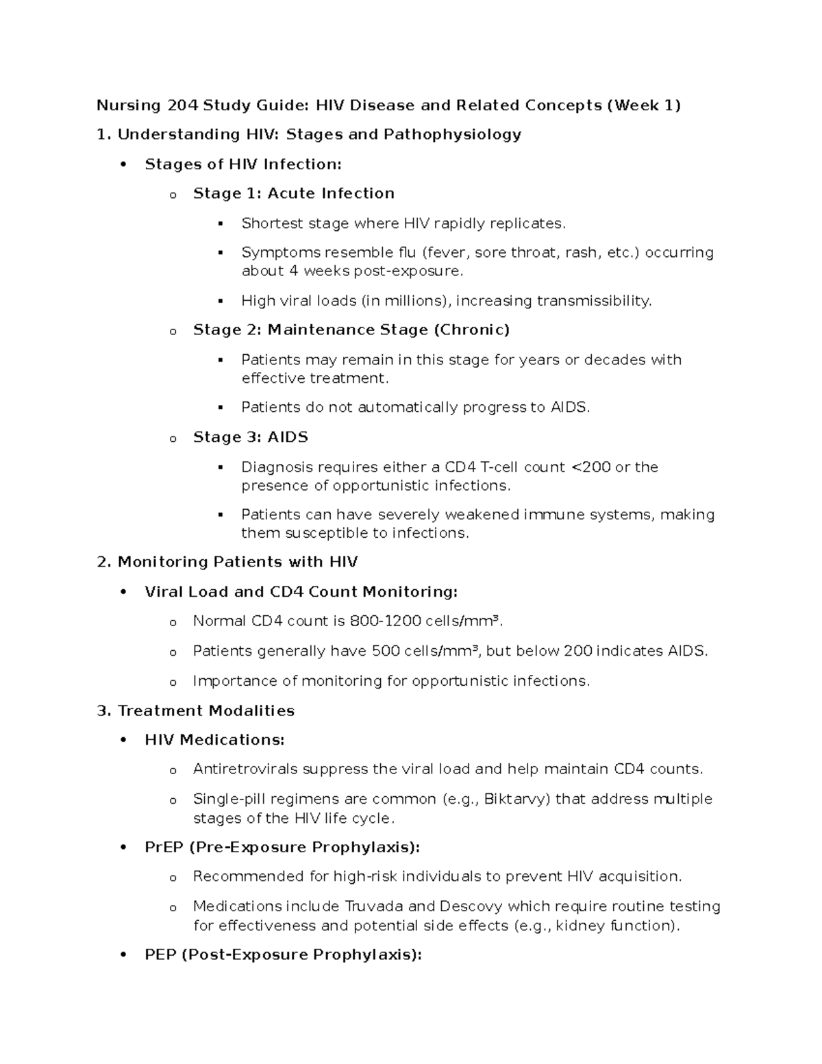 Nursing 204 Study Guide Week 1 - Nursing 204 Study Guide: HIV Disease ...