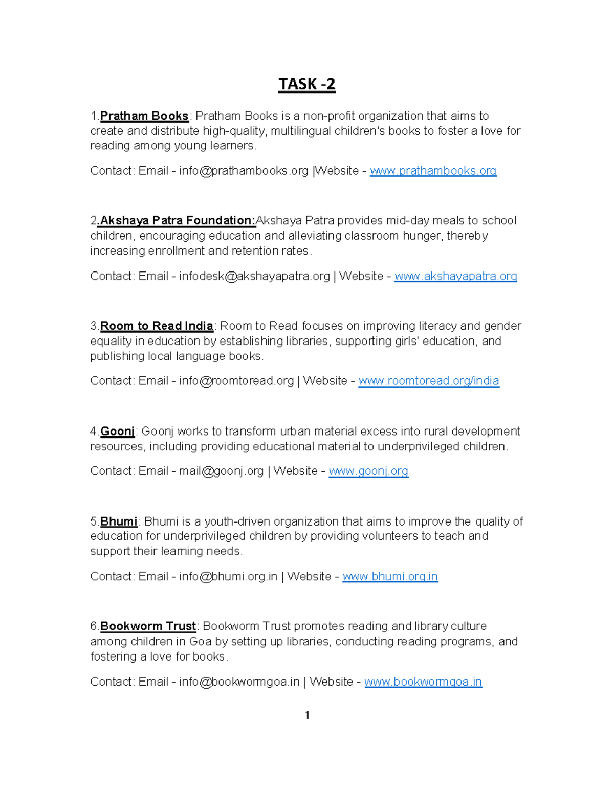 Task 2 pdf - TASK - 1 Books: Pratham Books is a non-profit organization that aims to create and ...