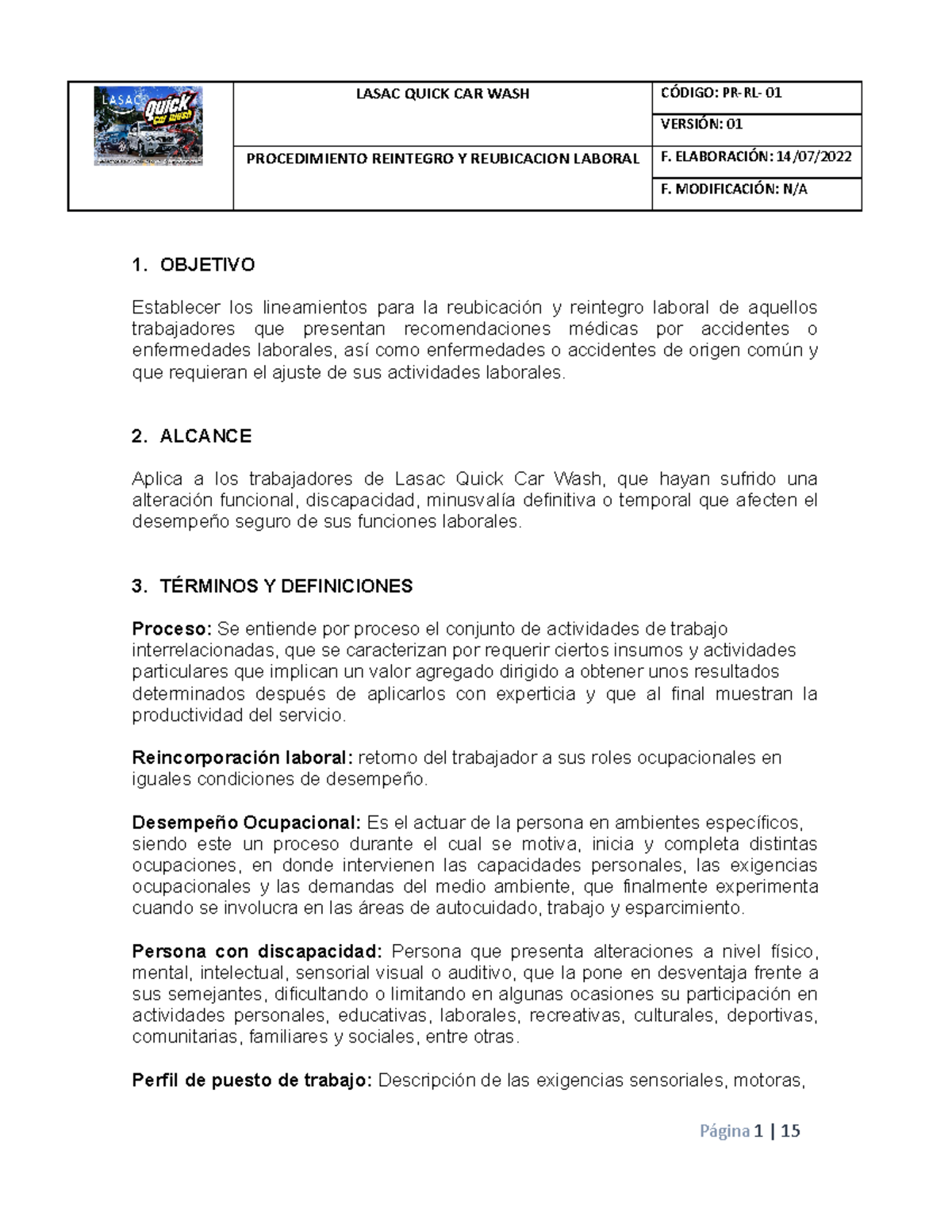 Procedimiento Reintegro Y Reubicacion Laboral - VERSIÓN : 01 ...