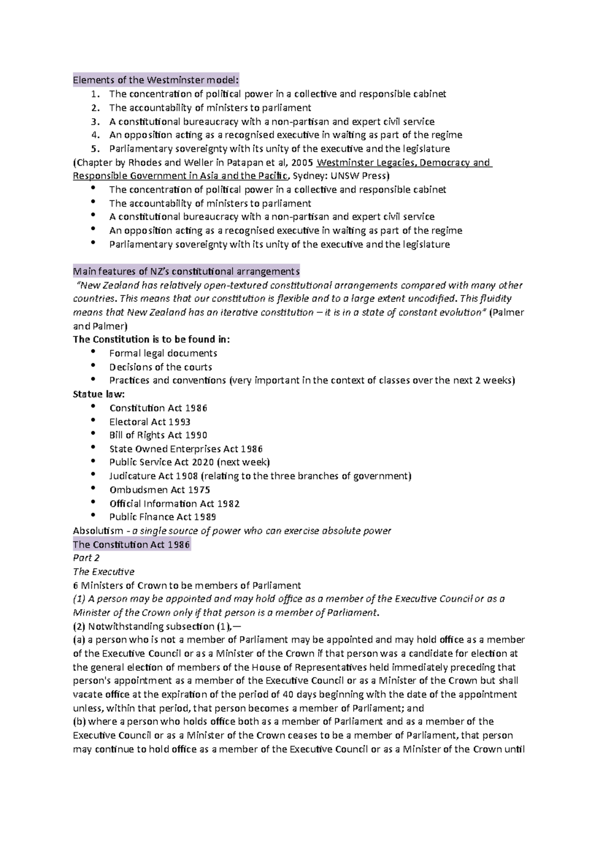 POLS111 cabinet and PM notes - Elements of the Westminster model: 1 ...
