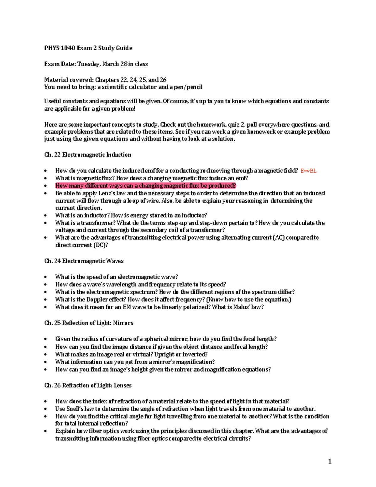 Exam 2 Study Guide - 1 PHYS 1040 Exam 2 Study Guide Exam Date: Tuesday ...