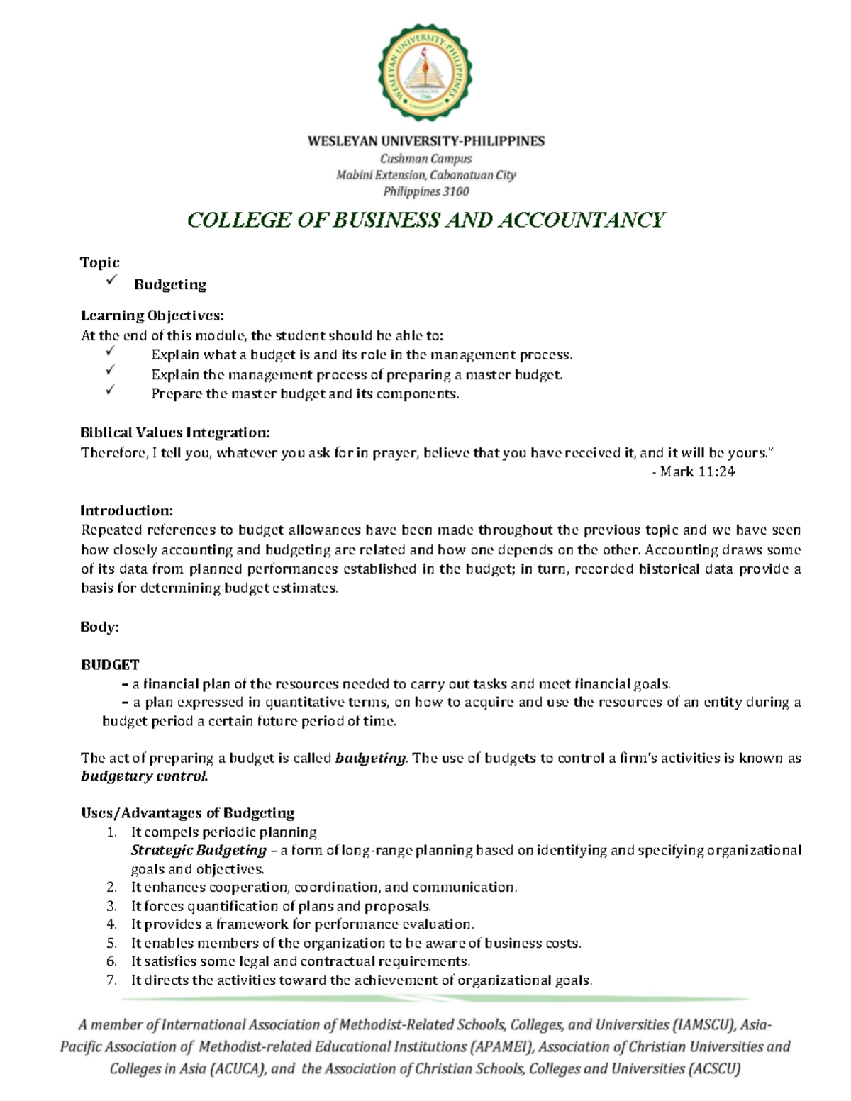 AC9-Budgeting - helpful - COLLEGE OF BUSINESS AND ACCOUNTANCY Topic ...