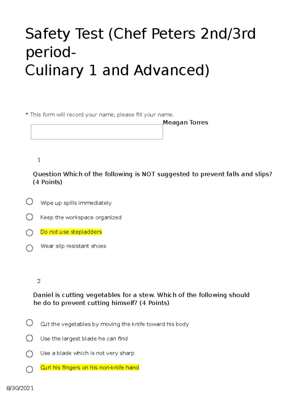 Test safety culinary - Safety Test (Chef Peters 2nd/3rd period ...