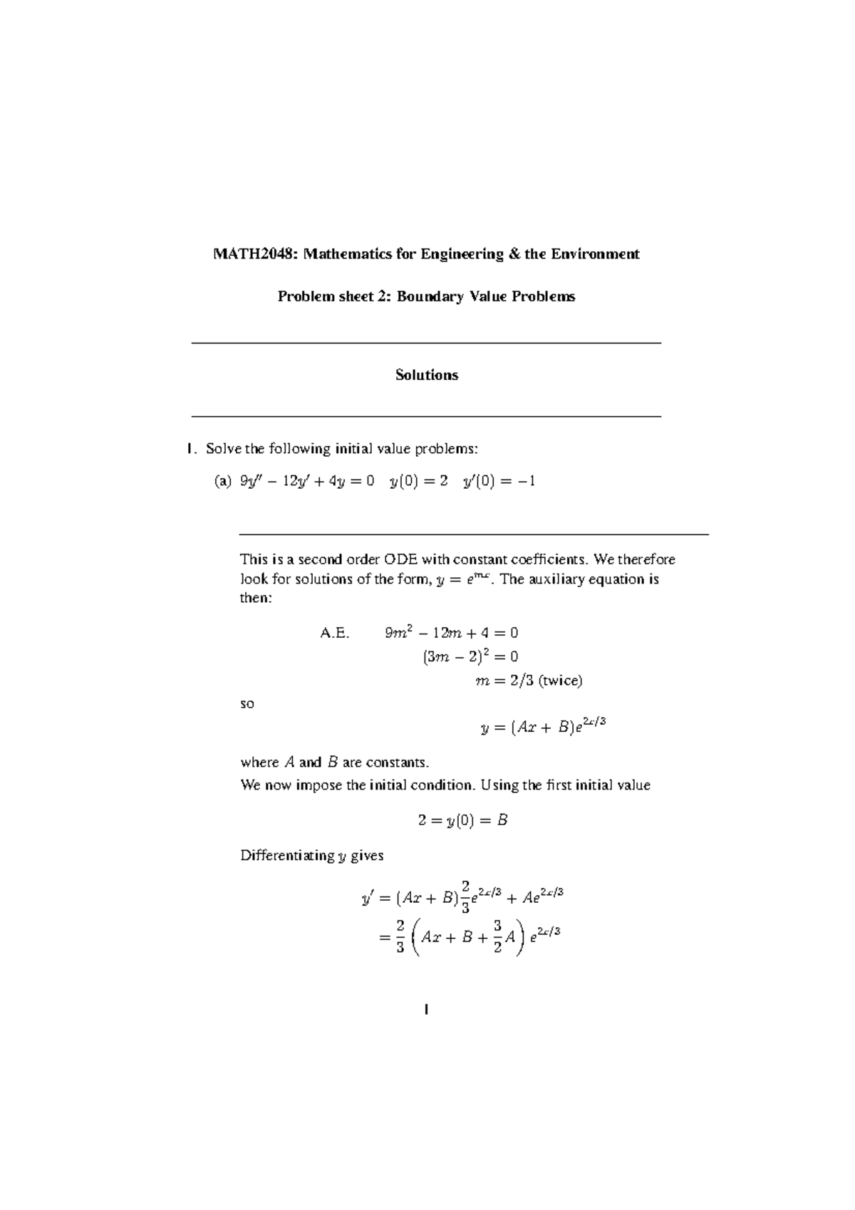 Problem Sheet 2solutions - MATH2048: Mathematics for Engineering & the ...
