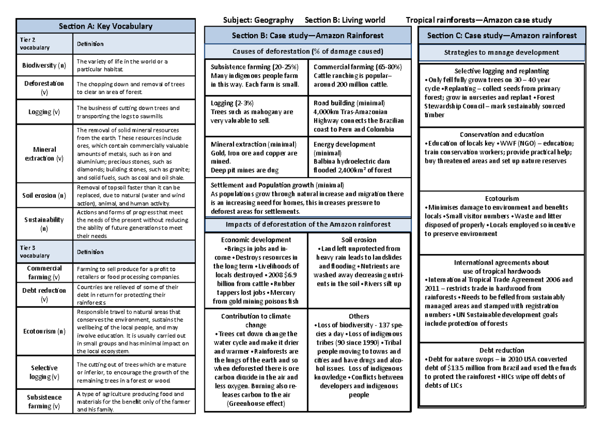 Geography Year 9 KO Spring Amazon Case Study - Section A: Key ...