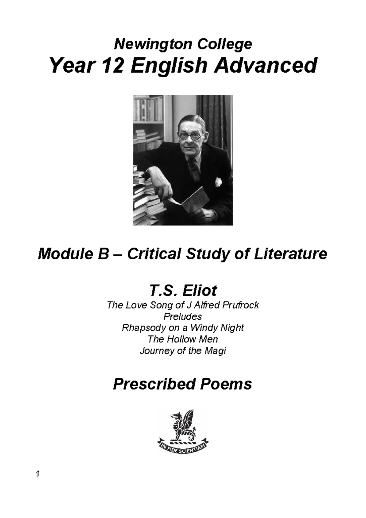 Eliot poems booklet - Newington College Year 12 English Advanced Module ...