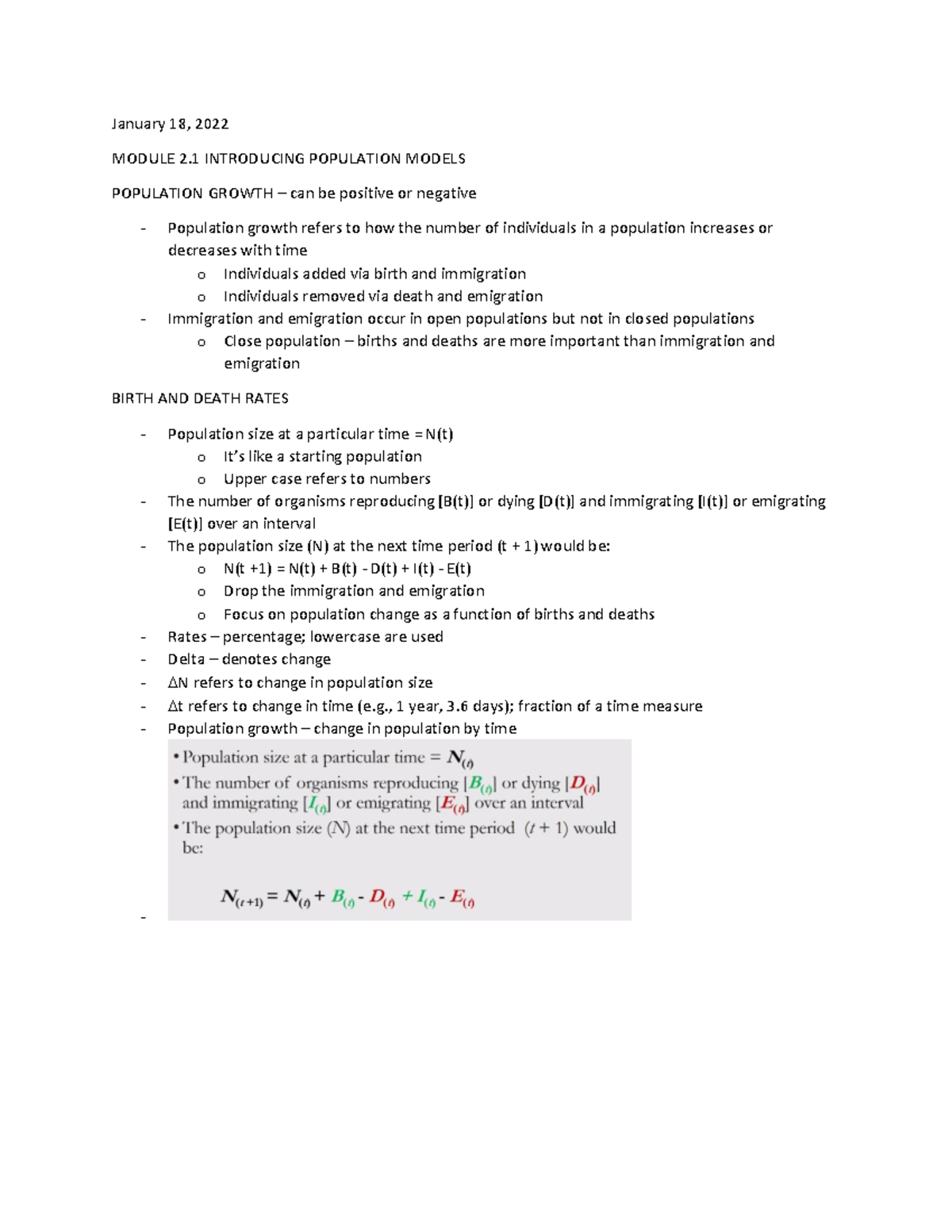 January 18 - introducing population models, population growth, birth ...