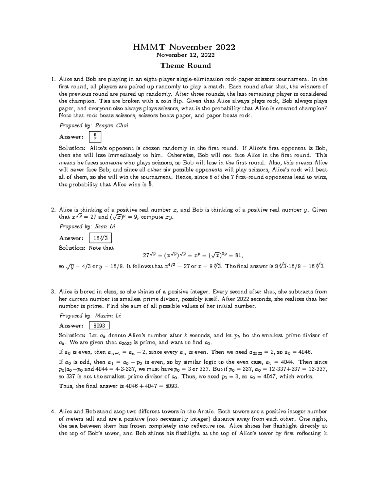 Solutions - HMMT November 2022 November 12, 2022 Theme Round Alice and ...