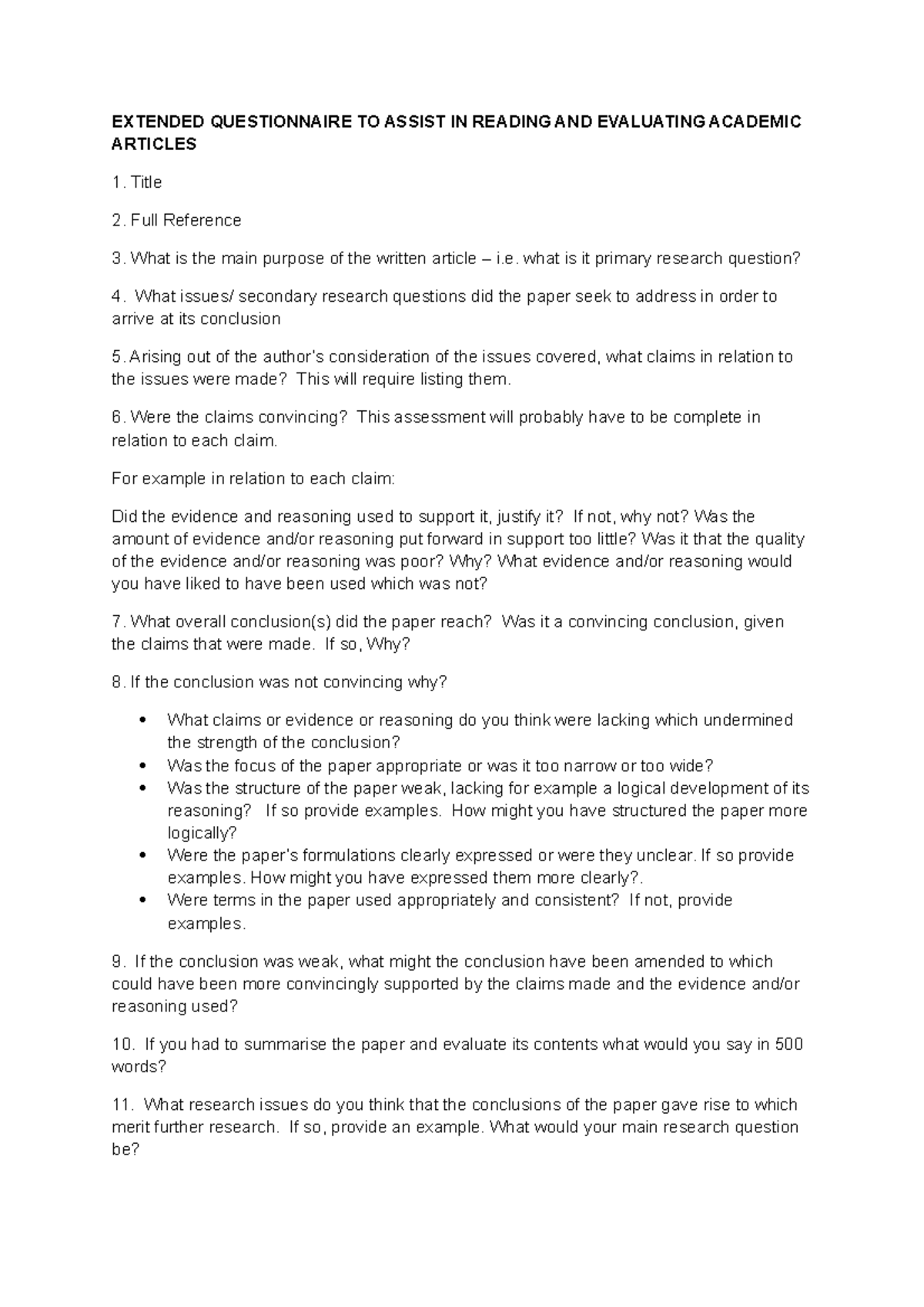 Reading questionnaire - EXTENDED QUESTIONNAIRE TO ASSIST IN READING AND ...