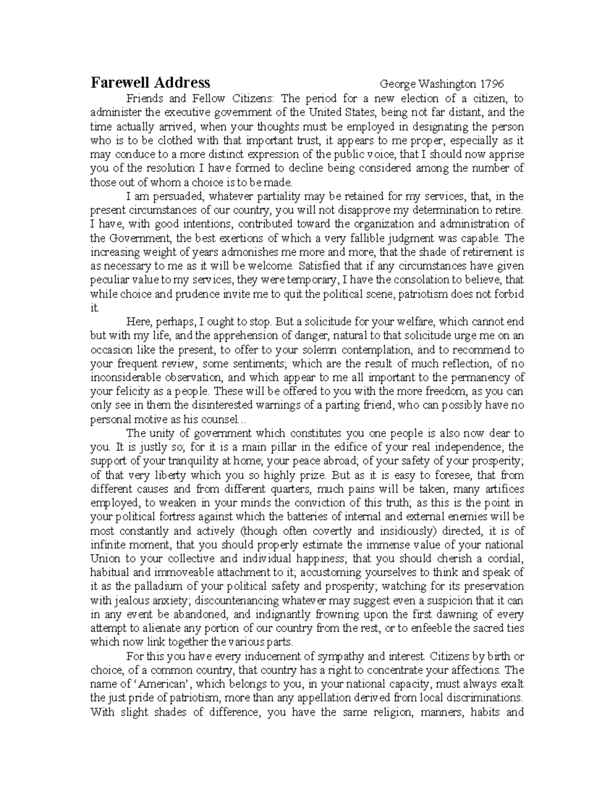 Farewell Address George Washington 1796 - I am persuaded, whatever ...