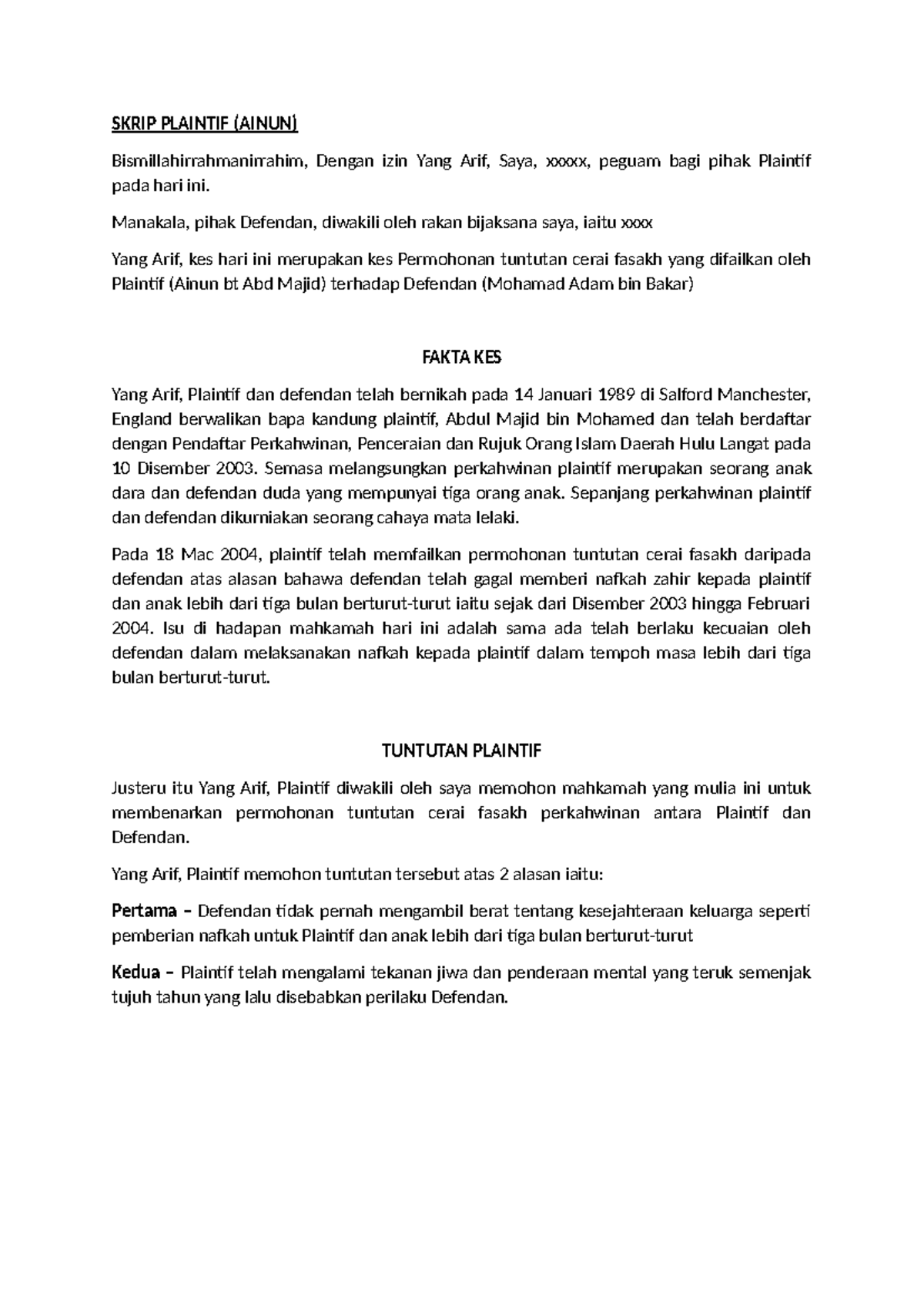 Skrip Plaintif (CCPS) - refer this with your own discretion - SKRIP ...