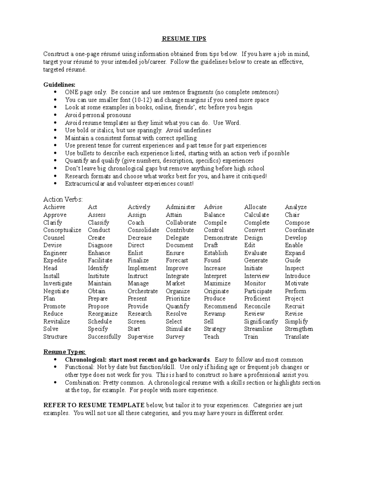 Resume Guidelines - notes - RESUME TIPS Construct a one-page résumé ...