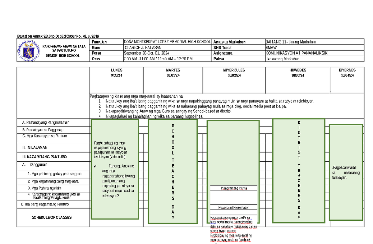 Kompan DLL SEP. 23-27, 2024 - Based on Annex 2B to DepEd Order No. 42, s. 2016 PANG-ARAW- ARAW ...