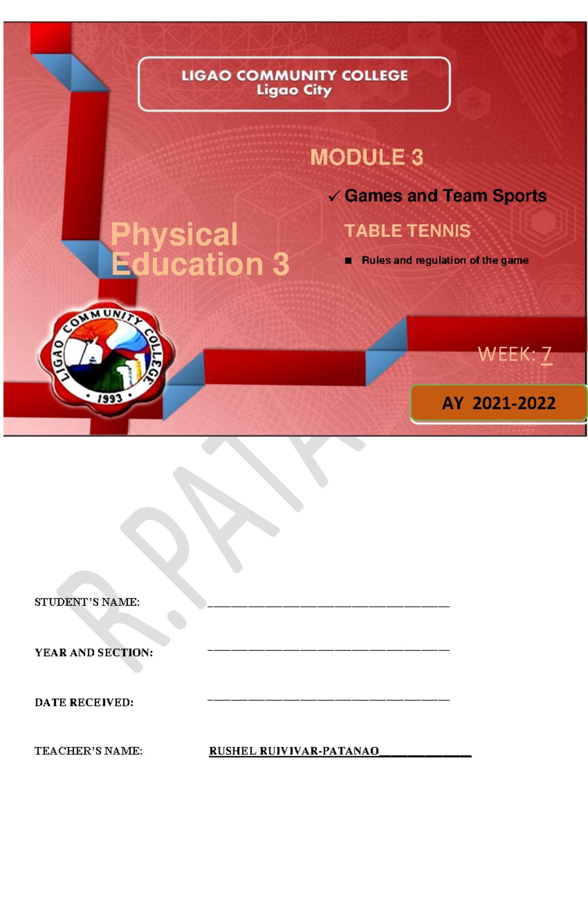 PE 3 Module 7 WEEK 7 - STUDENT’S NAME ...