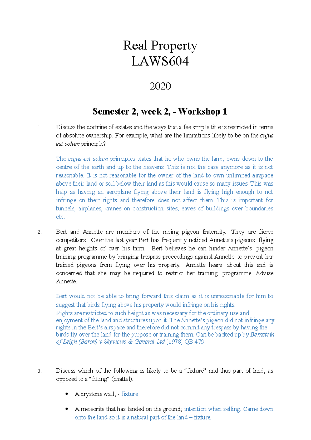 Real Property 2020 Workshop 1 final - AUT - Studocu