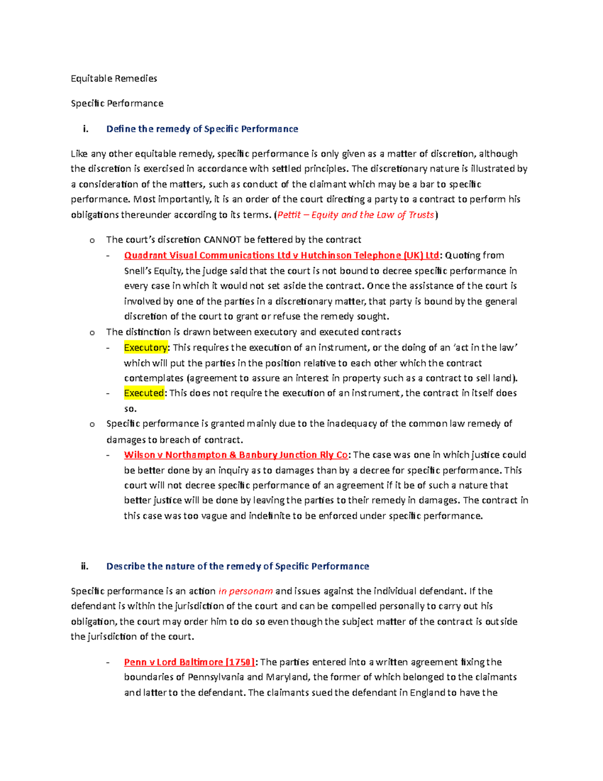 Equitable Remedies - Specific Performance - Define the remedy of ...