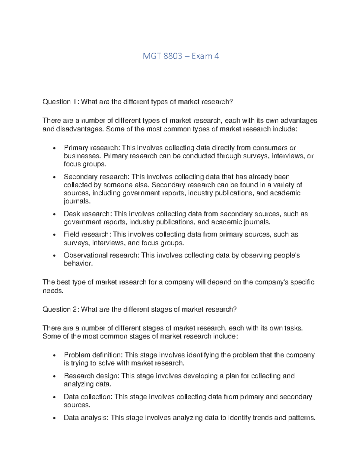 MGT 8803 Exam4 - Practice material - MGT 8803 – Exam 4 Question 1: What are the different types ...