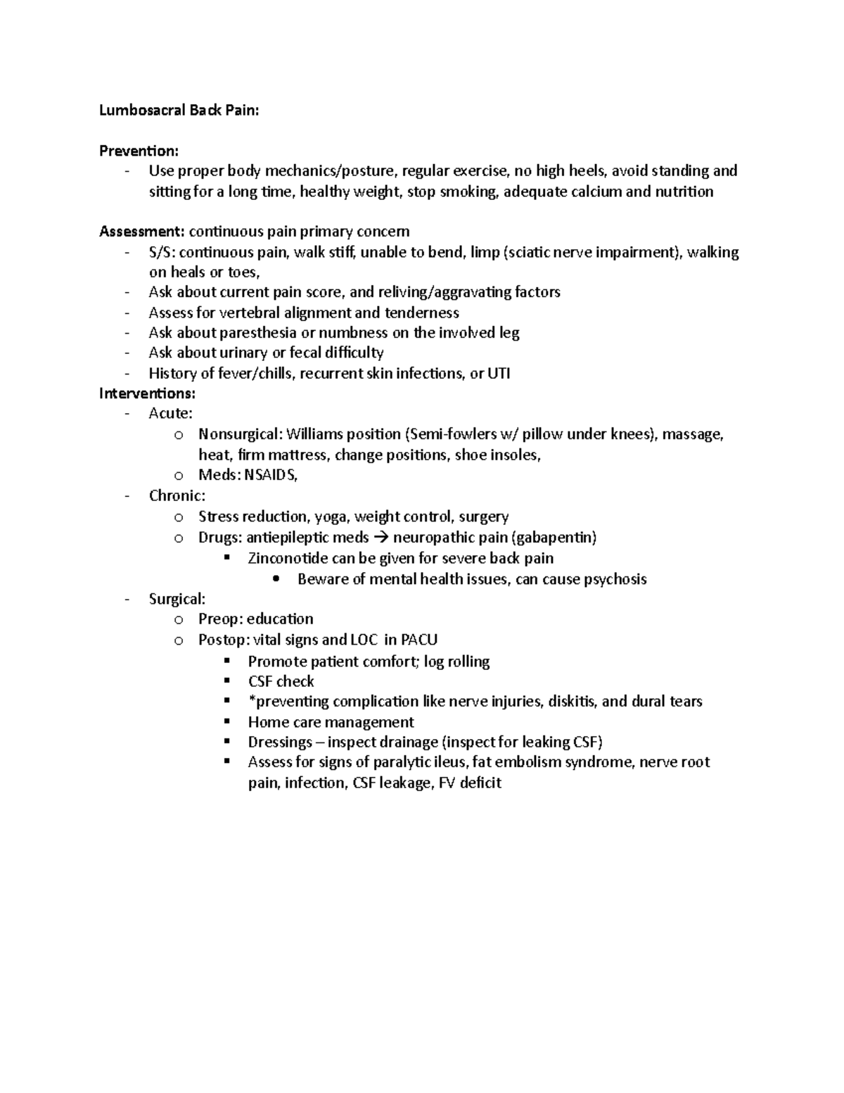 Lumbosacral Back Pain Study Guide concept map - Lumbosacral Back Pain ...