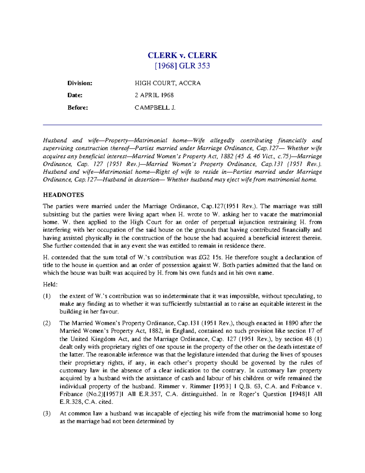 Clerk v. Clerk - case - CLERK v. CLERK [1968] GLR 353 Division: HIGH ...