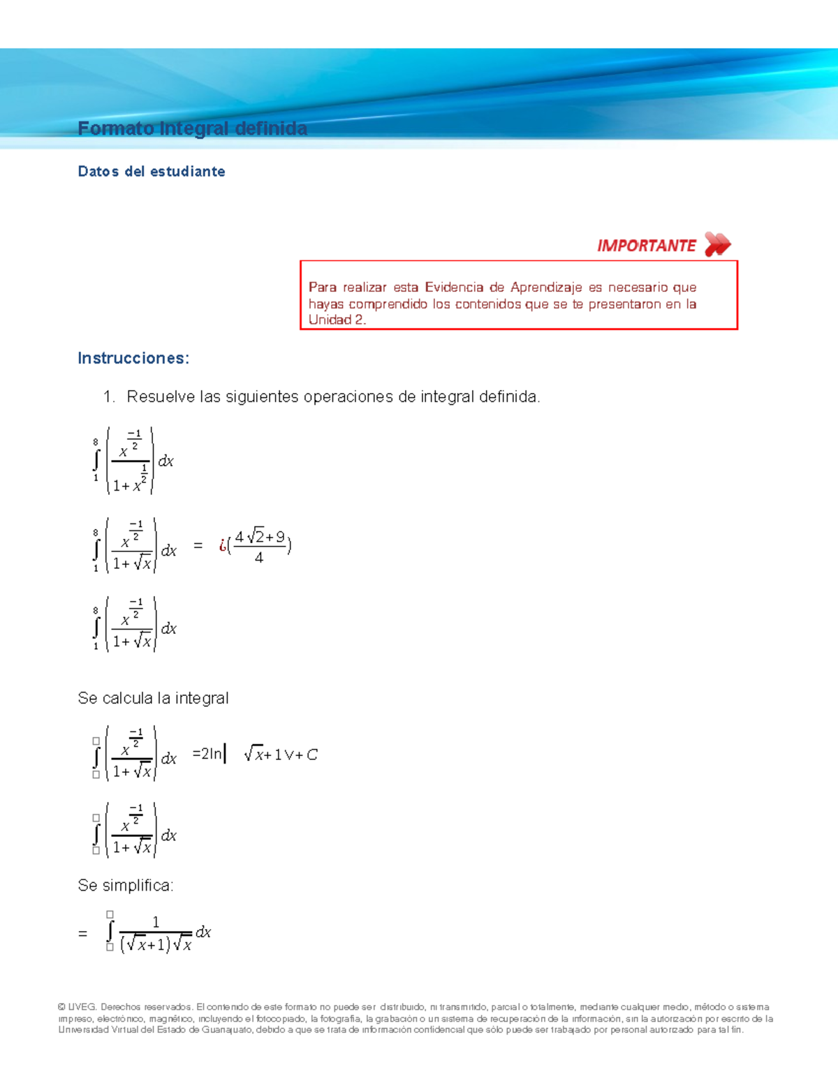 Integral definida trabajo entrgable 2do - Formato Integral definida ...