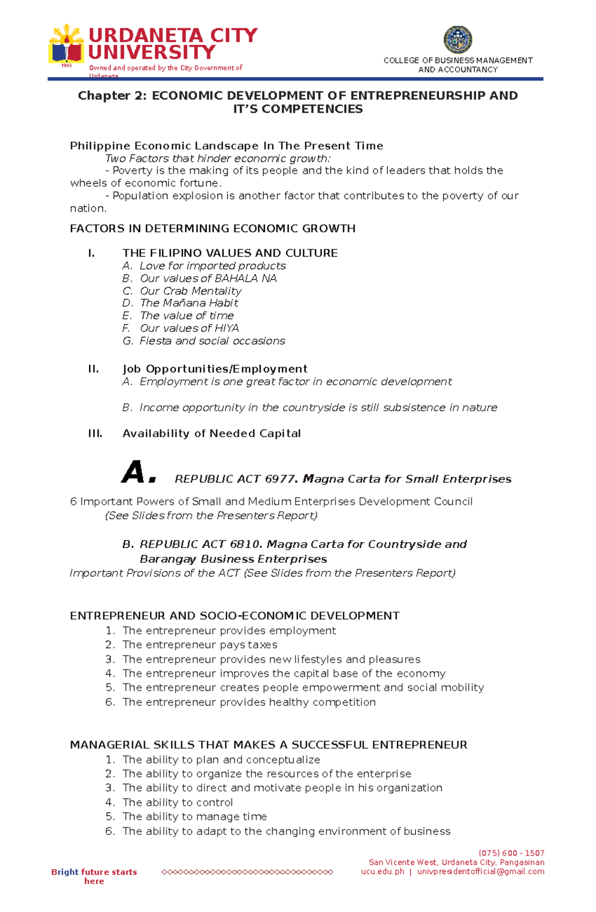 Entrep Topic Outline Chapter 2 - Chapter 2: ECONOMIC DEVELOPMENT OF ...