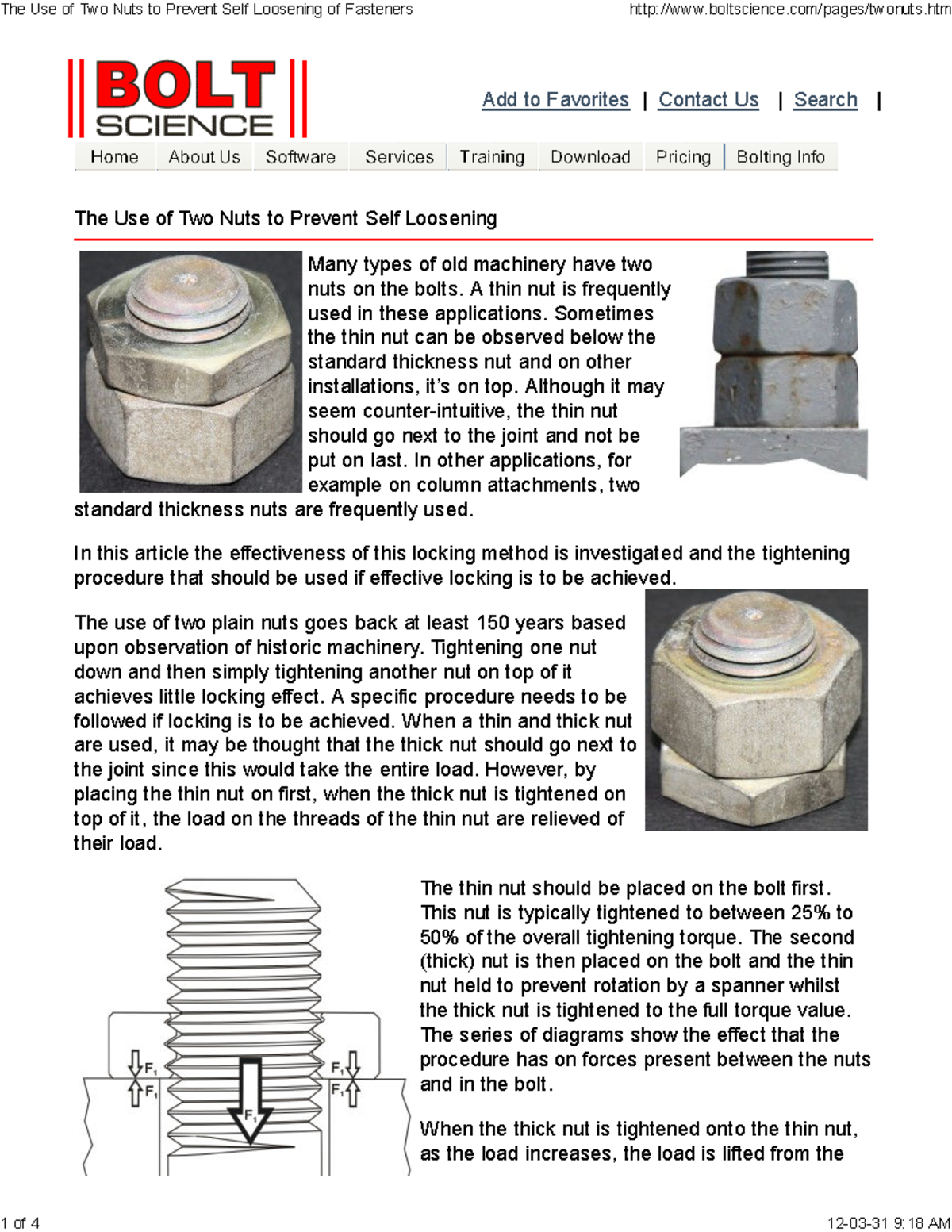 The Use of Two Nuts to Prevent Self Loosening of Fasteners - - Studocu