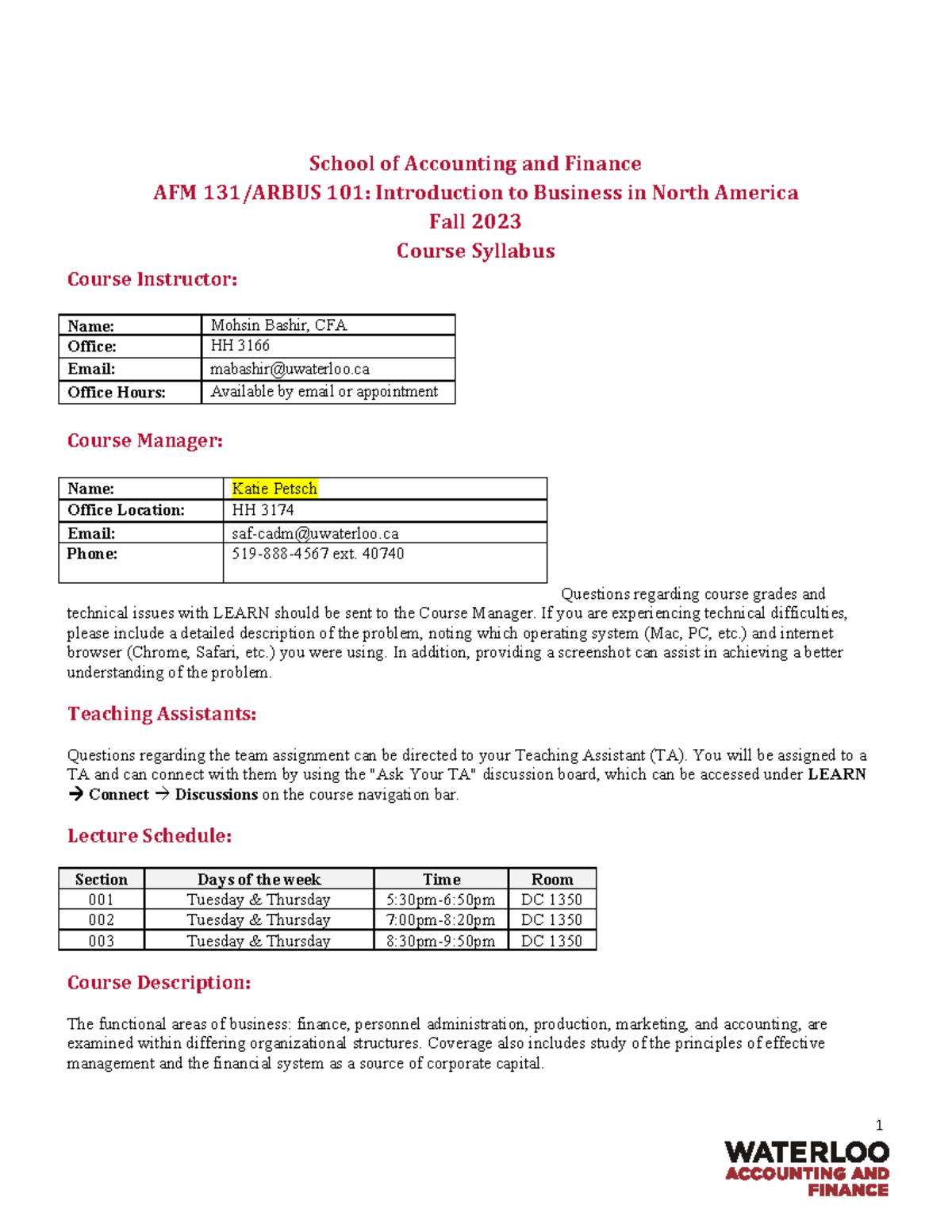 Fall 2023 AFM 131 ARBUS 101 Syllabus (002) - School of Accounting and ...