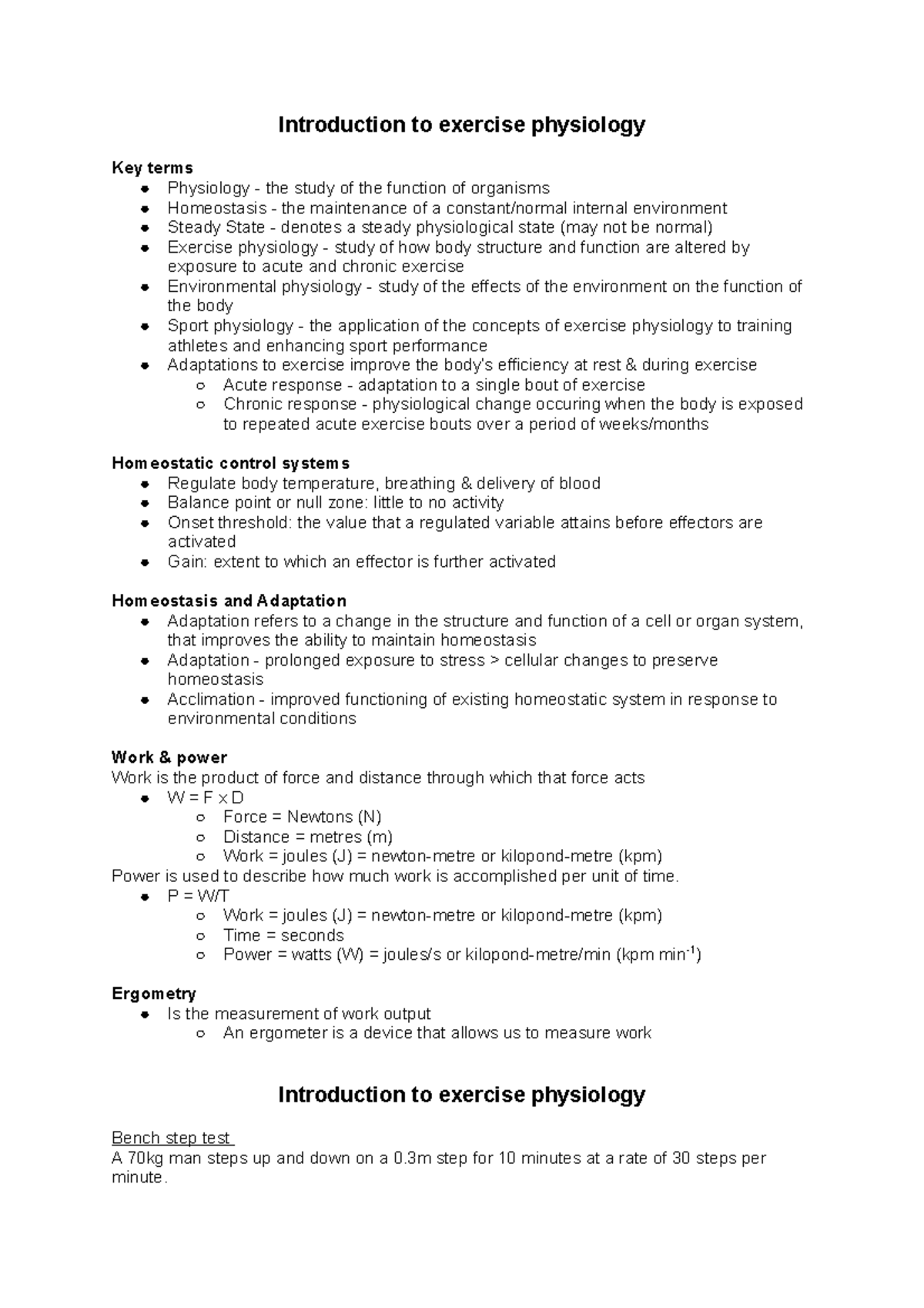 EHR202 - notes summaries - Introduction to exercise physiology Key ...