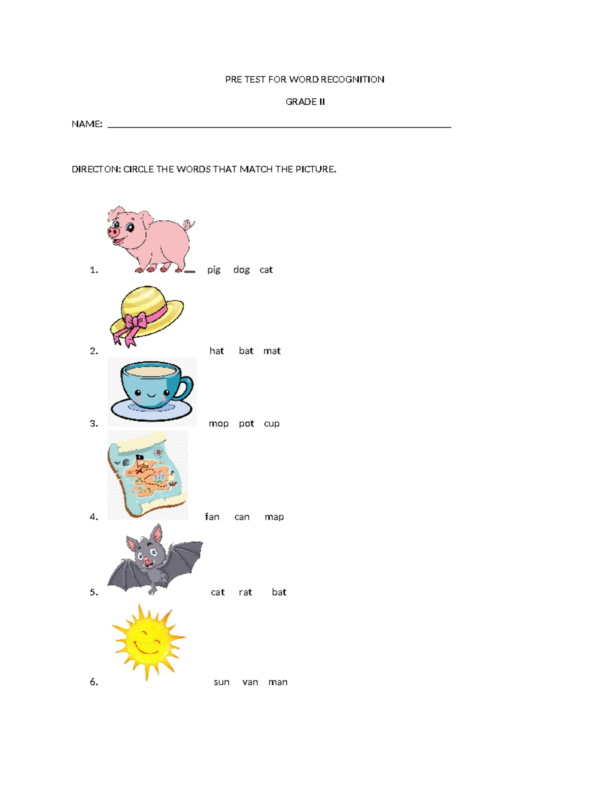 PRE TEST FOR WORD Recognition - BS Elementary Education - PRE TEST FOR ...