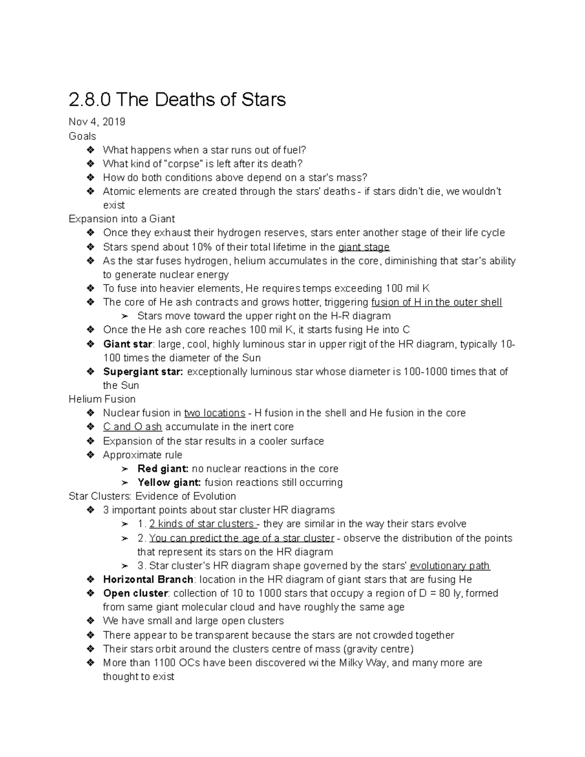 Ch 8. The Deaths of Stars - 2.8 The Deaths of Stars Nov 4, 2019 Goals ...