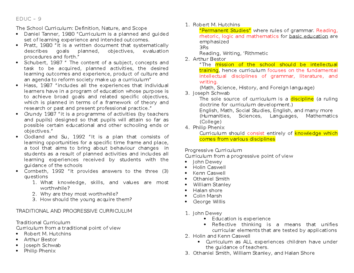 EDUC-9- Notes - EDUC – 9 The School Curriculum: Definition, Nature, and ...